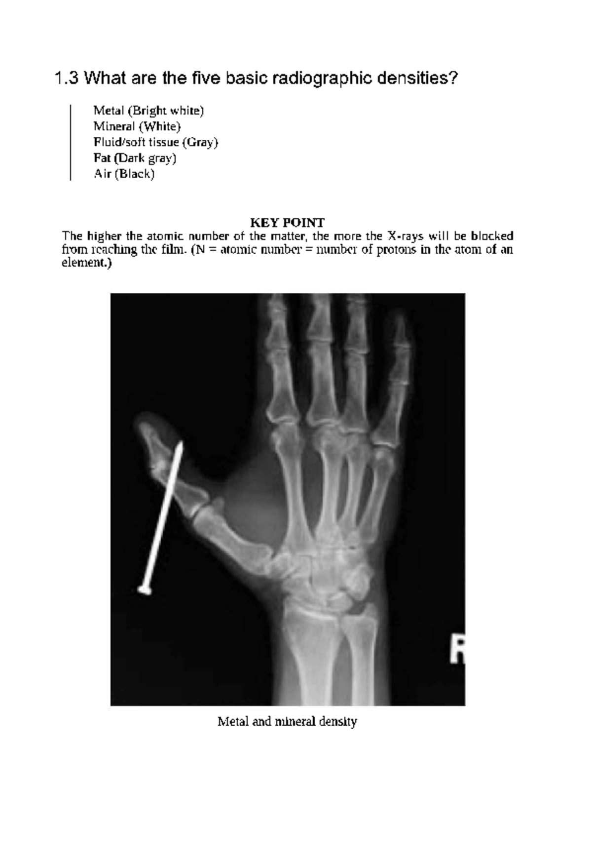 NUR 1.3 Radiographic Densities: Metal, Mineral, Tissue, Fat, Air - Studocu