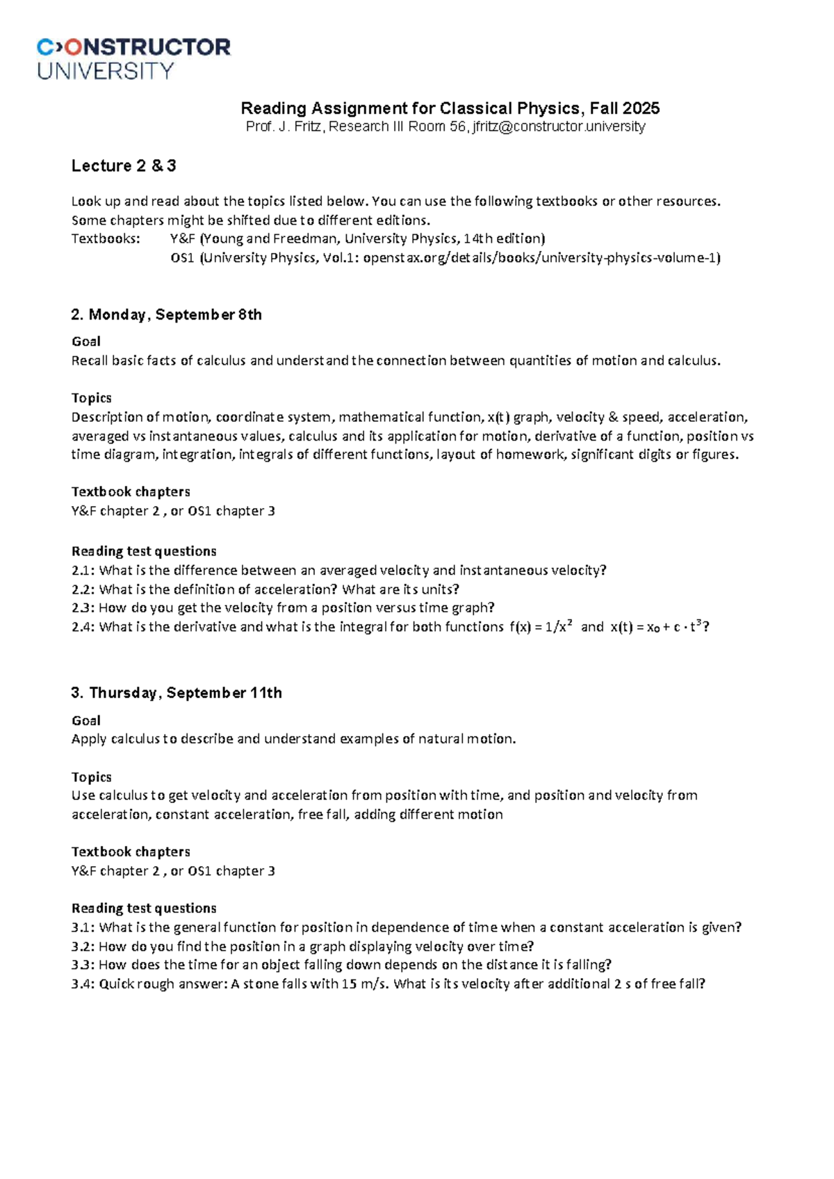 Classical Physics Reading Assignment (Phys F2025) - Lecture 2 - Studocu