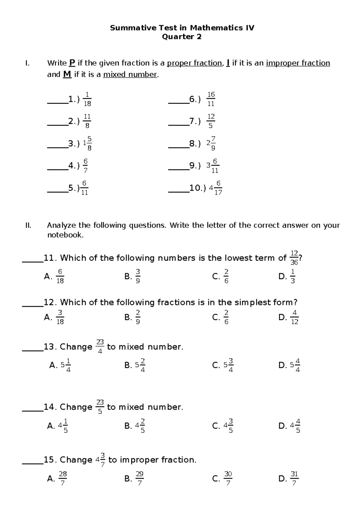 Summative Test No.4 in Math IV: Proper & Improper Fractions - Studocu