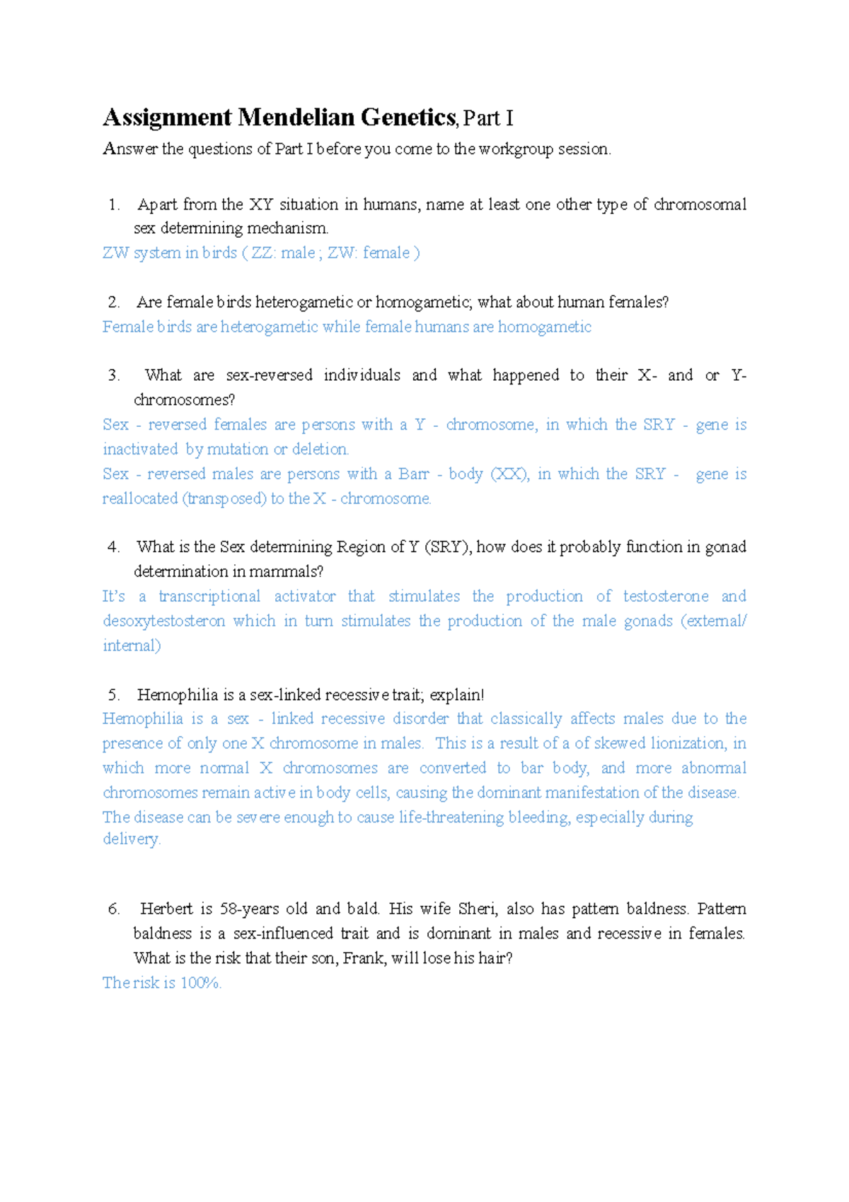 Mendelian Genetics Assignment Part I - Comprehensive Answers - Studeersnel