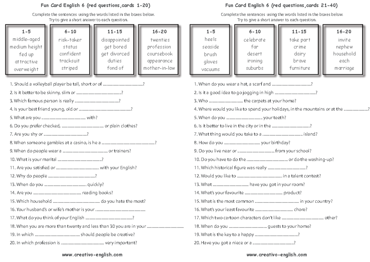 Fun Card English 6 - 640 Conversational Questions & Exercises - Studocu
