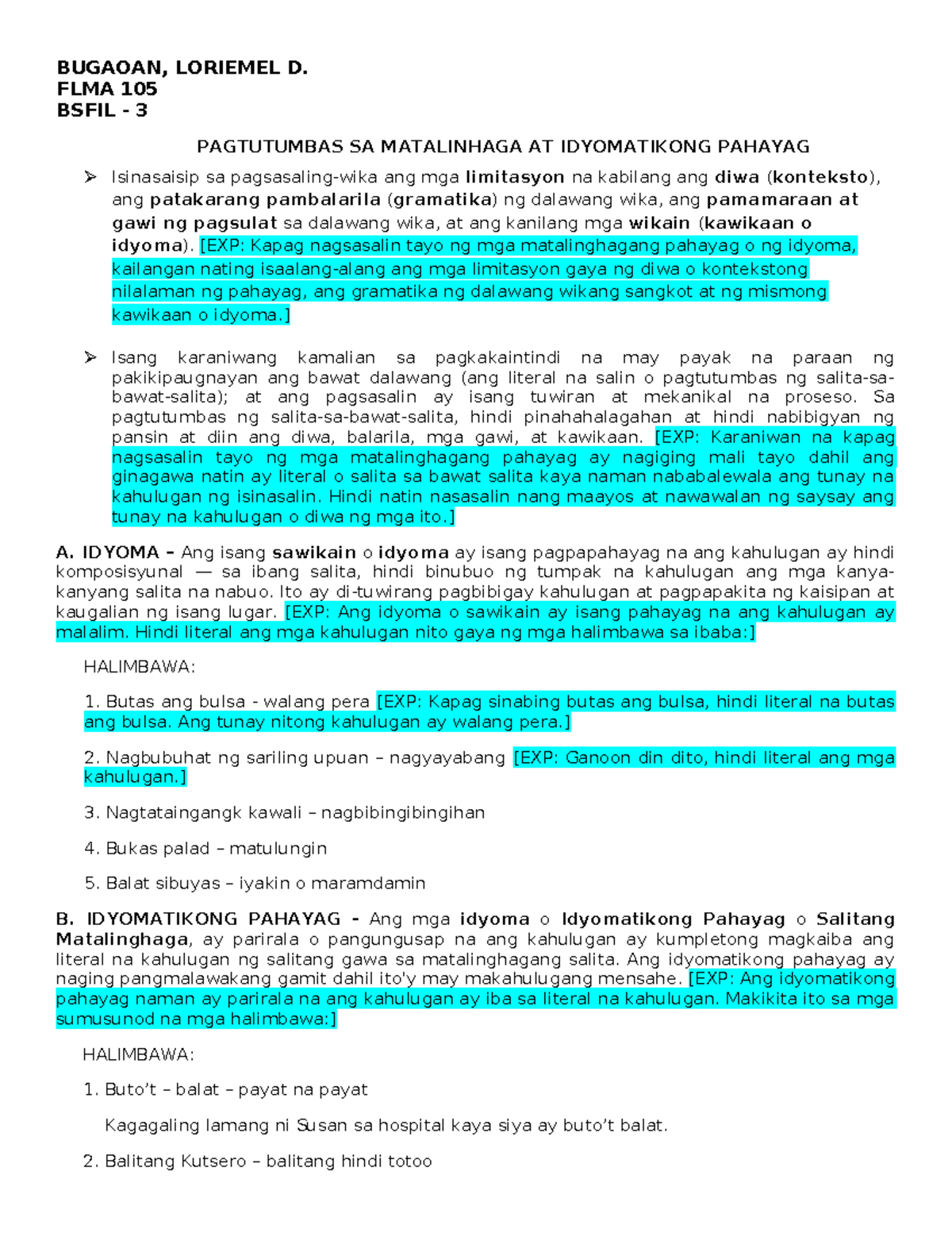 537324560 Pagsasalin ng Matalinhaga at Idyomatikong Pahayag sa FLMA 105 ...