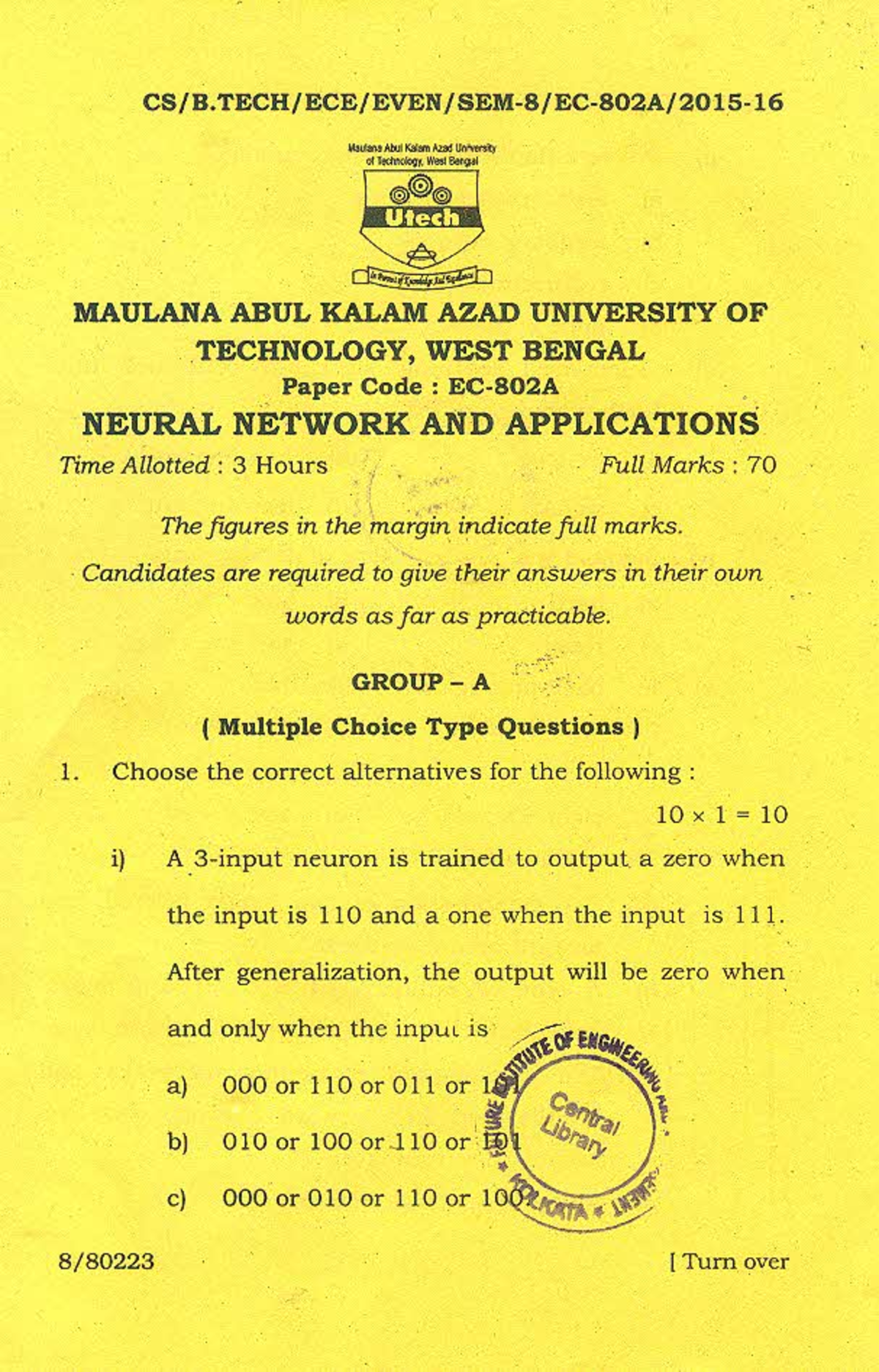 Neural Network and Applications EC802A Exam Paper 2016 - Studocu