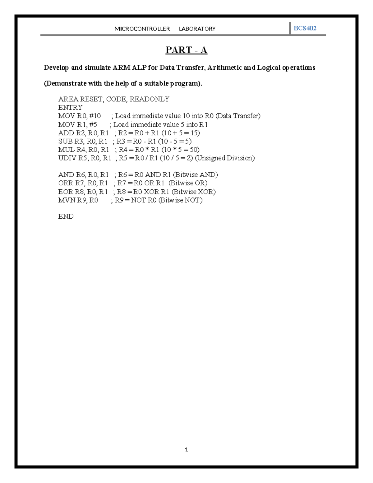 CSE 2024-25: ARM ALP on Data Transfer and Arithmetic Ops Simulation - Studocu