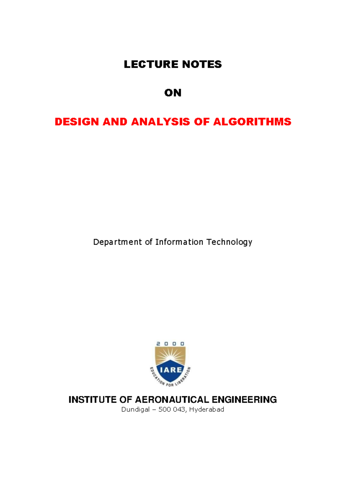 Complete Lecture Notes on ADA: Design & Analysis of Algorithms - Studocu