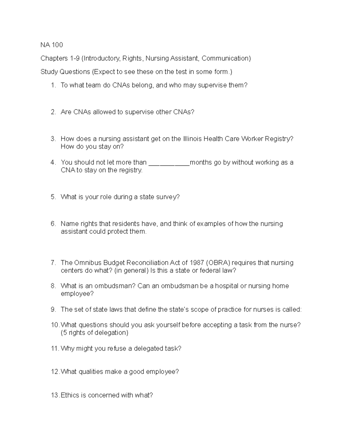 NA 100 Study Guide: Key Questions for Chapters 1-9 Review - Studocu