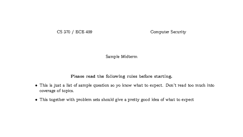 CS 370 ECE 499 Computer Security Sample Midterm Questions - Studocu