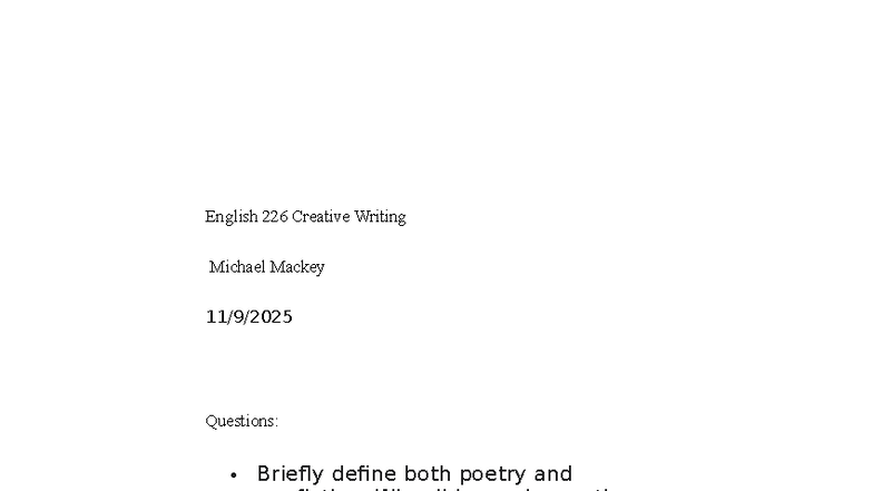English 226 Creative Writing: Poetry vs. Nonfiction Insights - Studocu