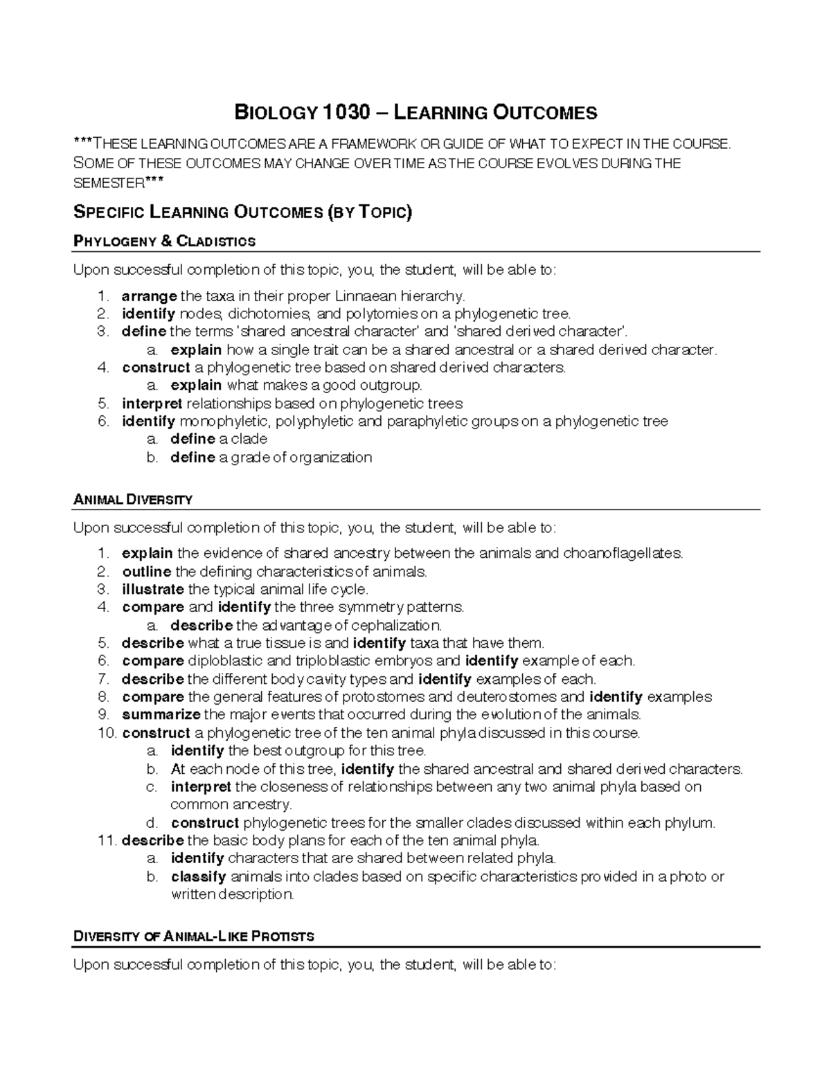 BIOL 1030 Learning Outcomes W23 - BIOLOGY 1030 – LEARNING OUTCOMES ***THESE LEARNING OUTCOMES ...