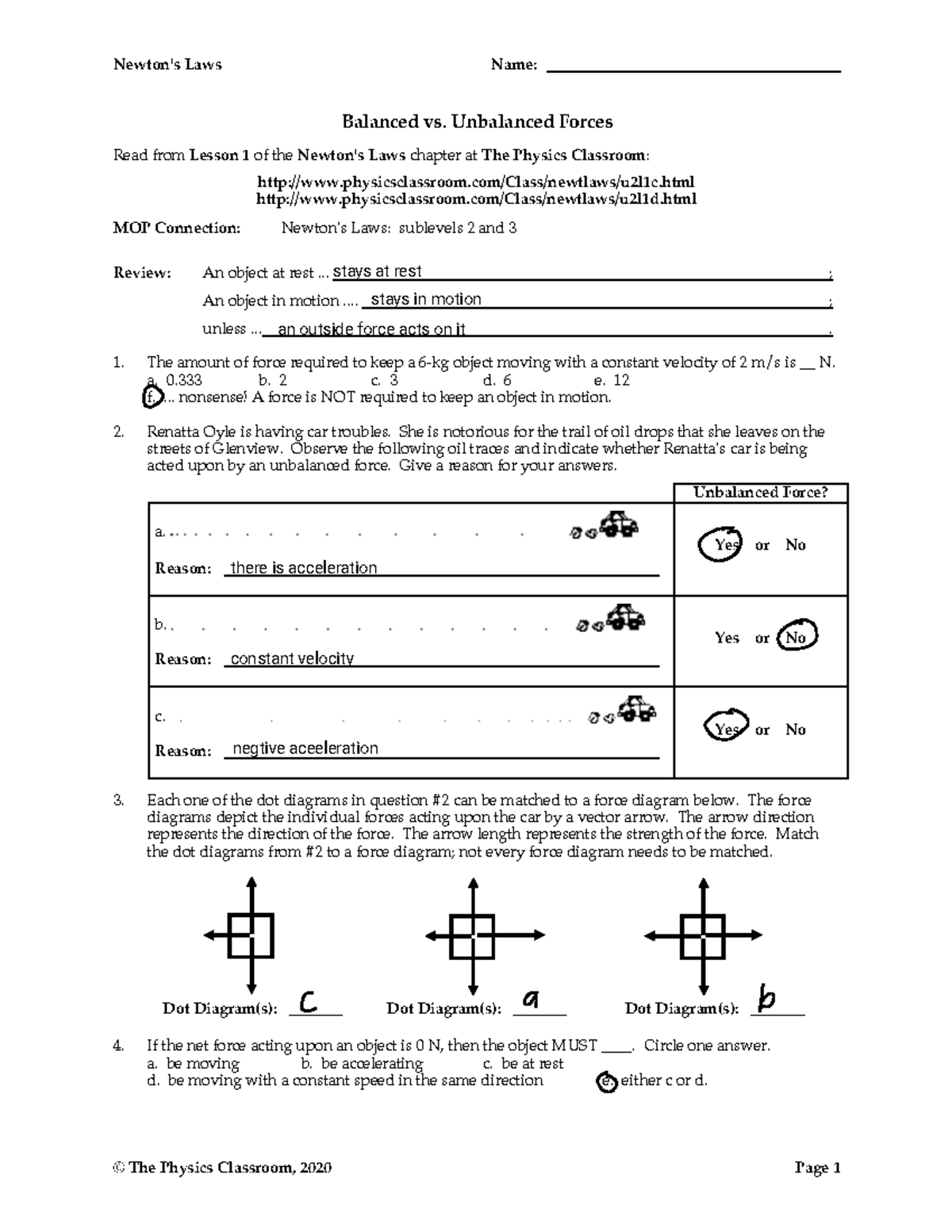 Balanced vs. Unbalanced Forces: Lesson 1 Review (Physics) - Studocu