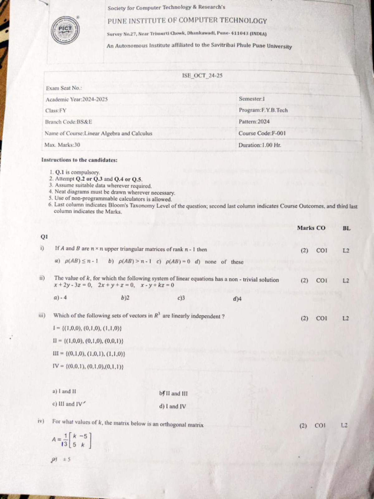 LAC FY Sem 1 Question Paper - Linear Algebra & Calculus - Studocu