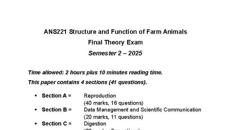 Exam Format 2025 - [OFFICIAL] ANS221 Structure and Function of Farm ...