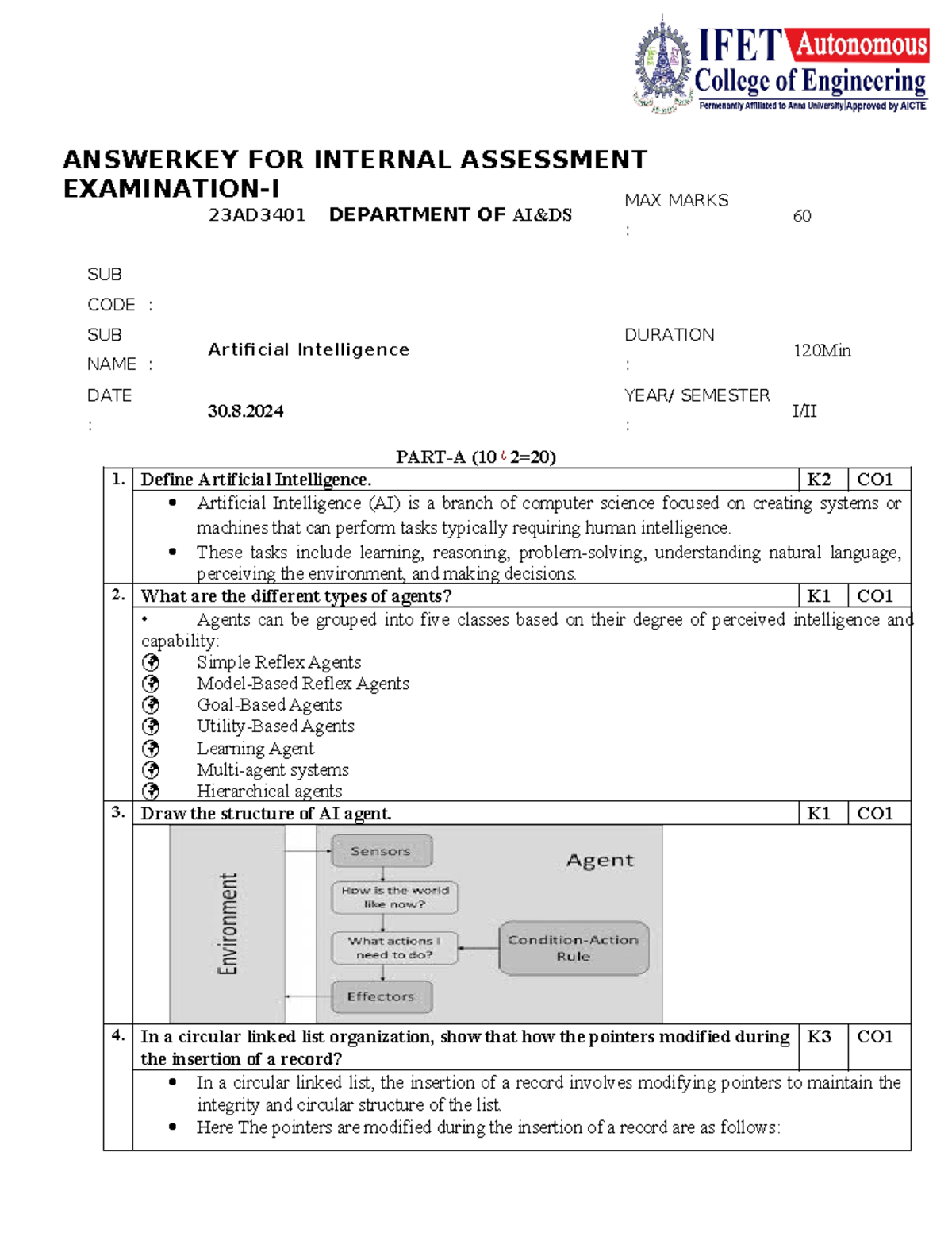 IA - I Artificial Intelligence Examination I Answer Key (Max Marks: 60 ...