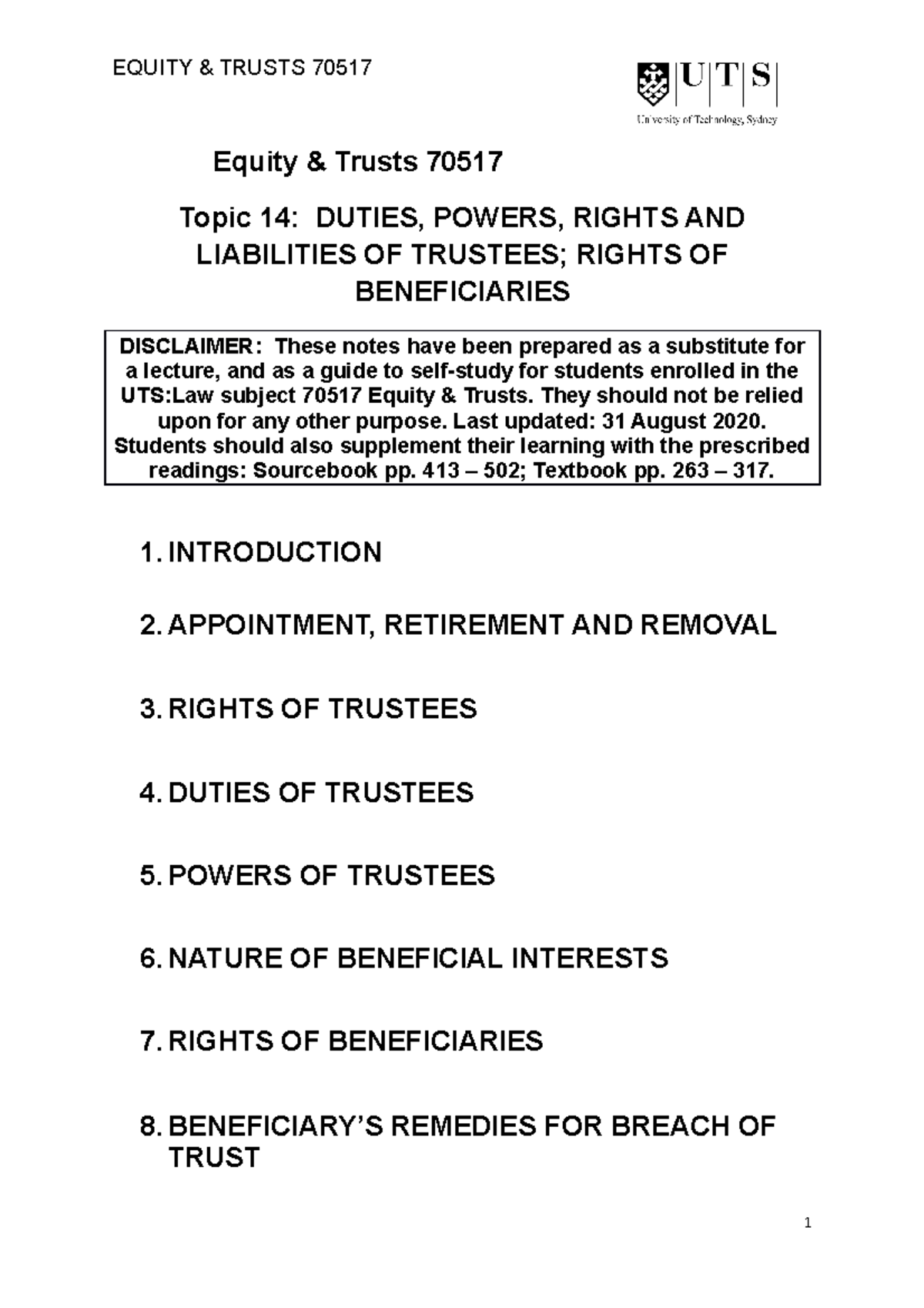 Lecture Notes on Trustee Duties & Powers - Equity & Trusts 70517 - Studocu