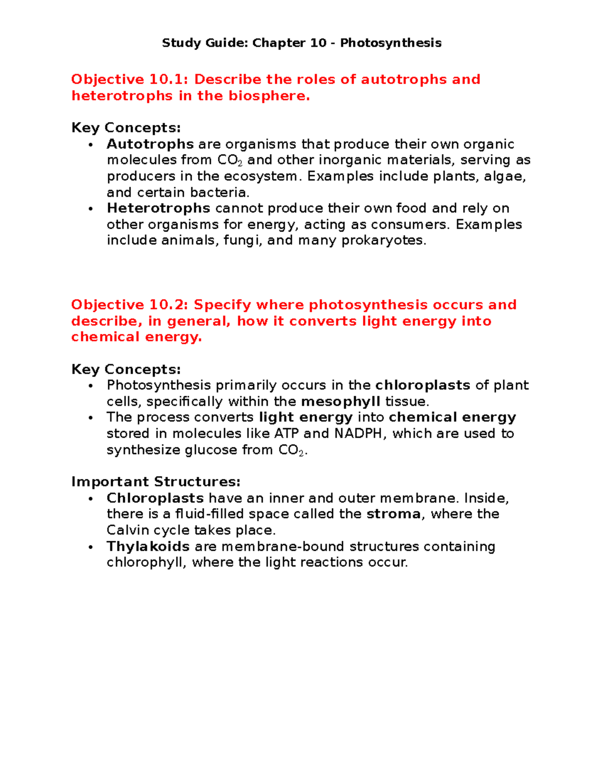Study Guide: Chapter 10 - Photosynthesis (Biology 101) - Objective 10 ...