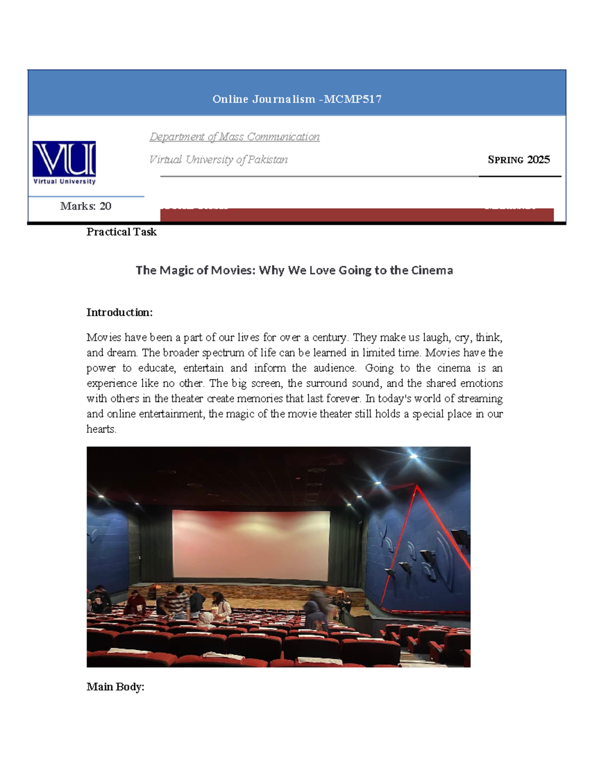 MCM517 Practical Task: The Magic of Movies and Cinema Experience - Studocu