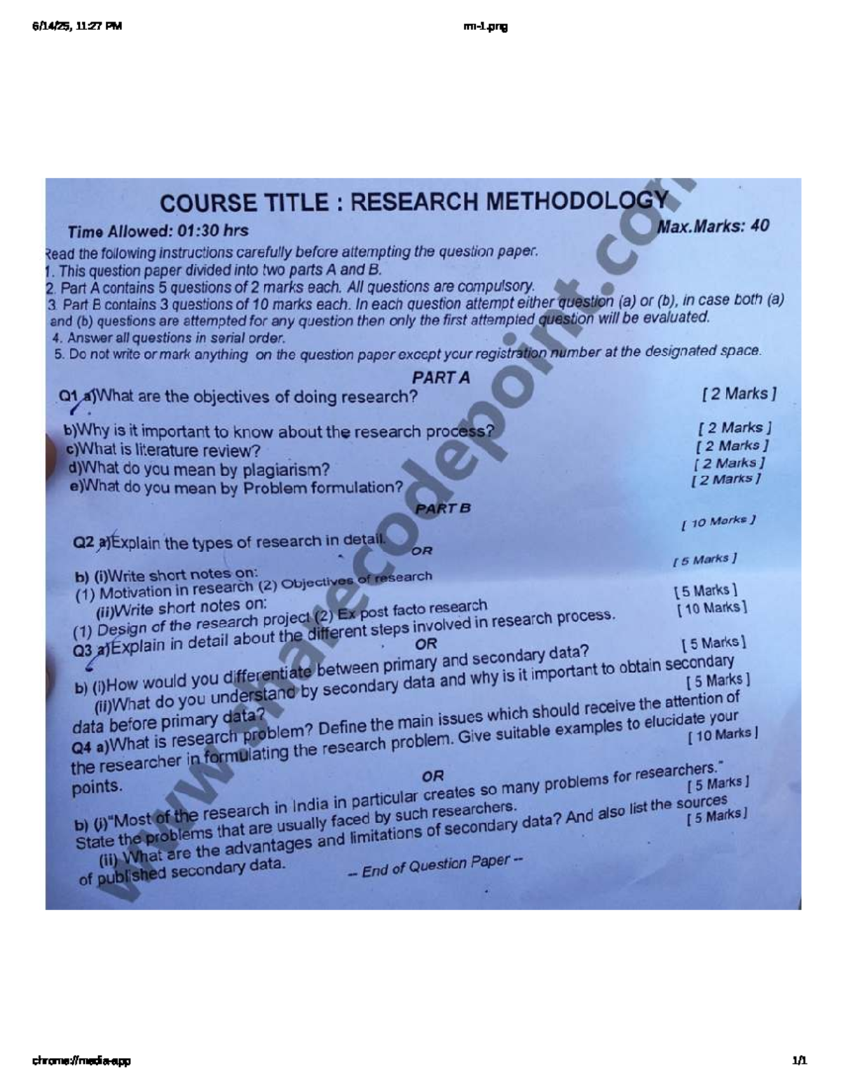RESEARCH METHODOLOGY (COURSE CODE: 77507) - EXAM PAPER & INSTRUCTIONS ...