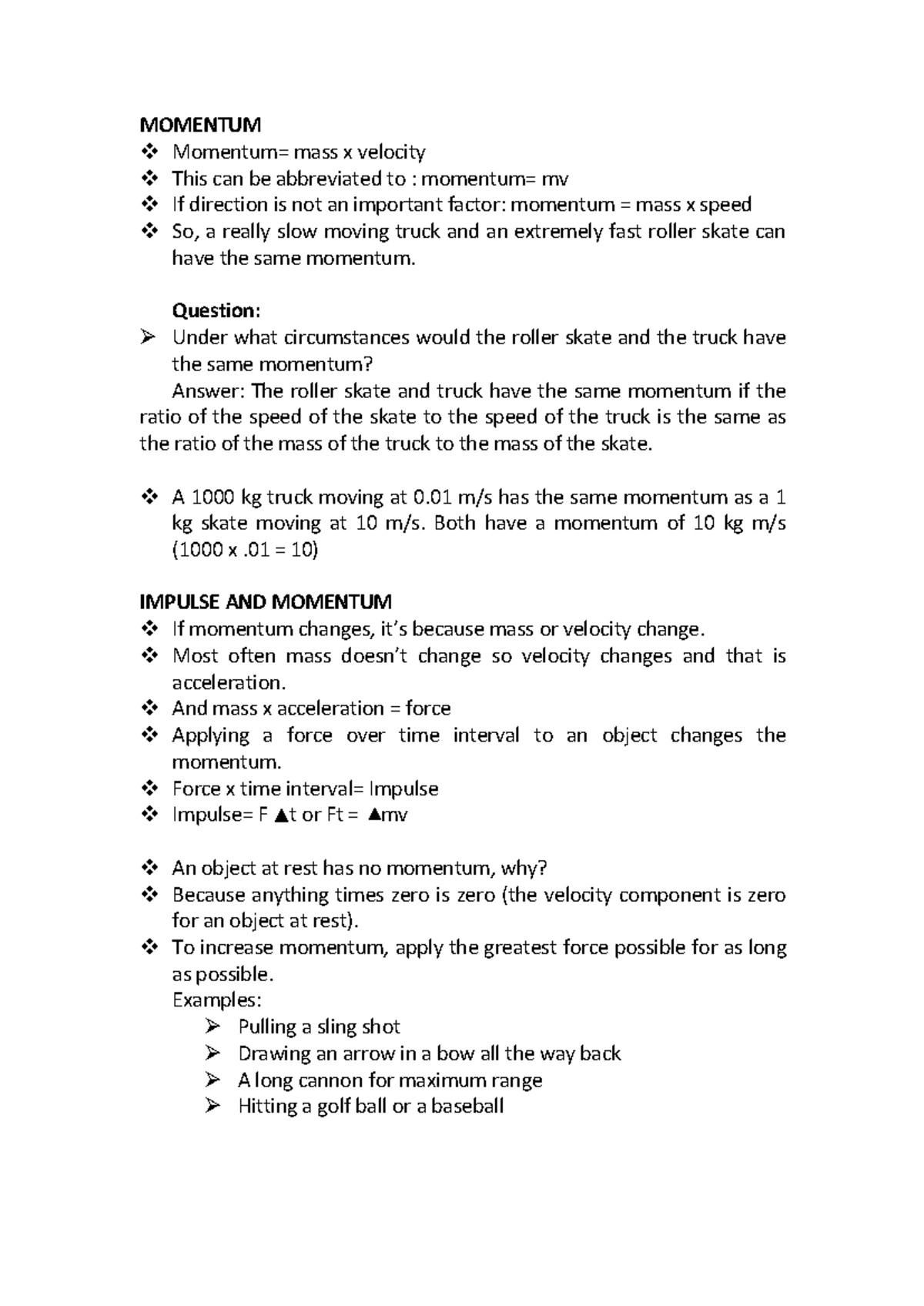 Momentum and Impulse (Physics Study Guide) - MOMENTUM Momentum= mass x ...
