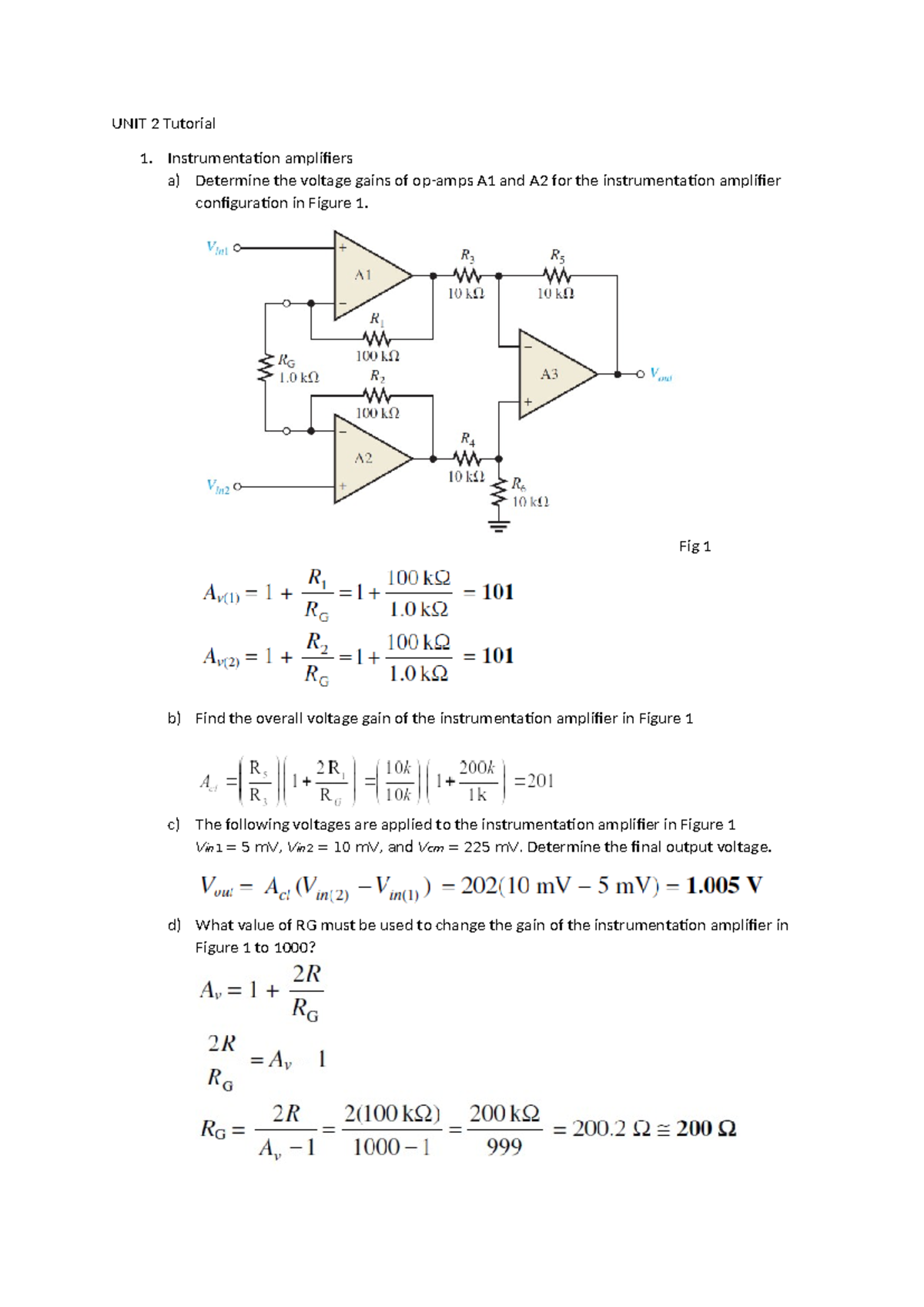 UNIT 2 Tutorial Solutions for Instrumentation Amplifiers - Studocu