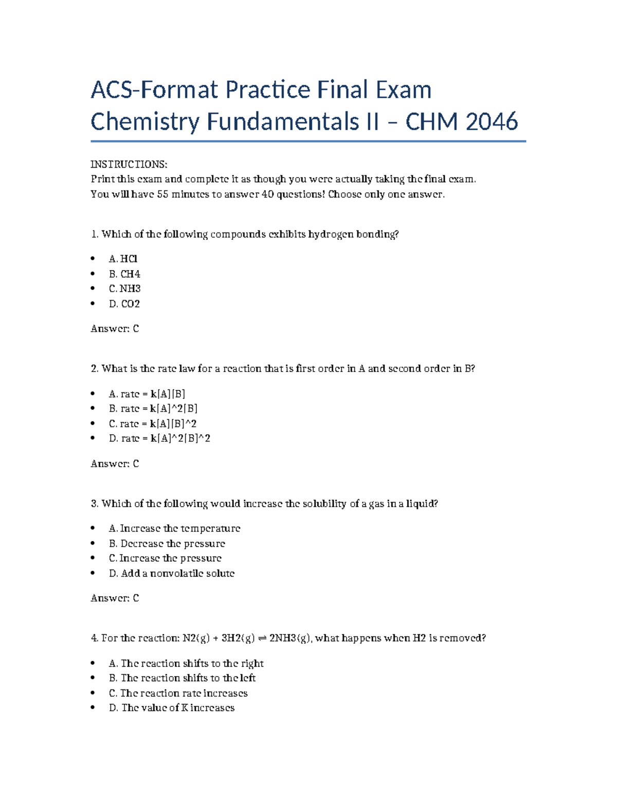 ACS Practice Final Exam Chemistry Fundamentals II CHM 2046 - Studocu