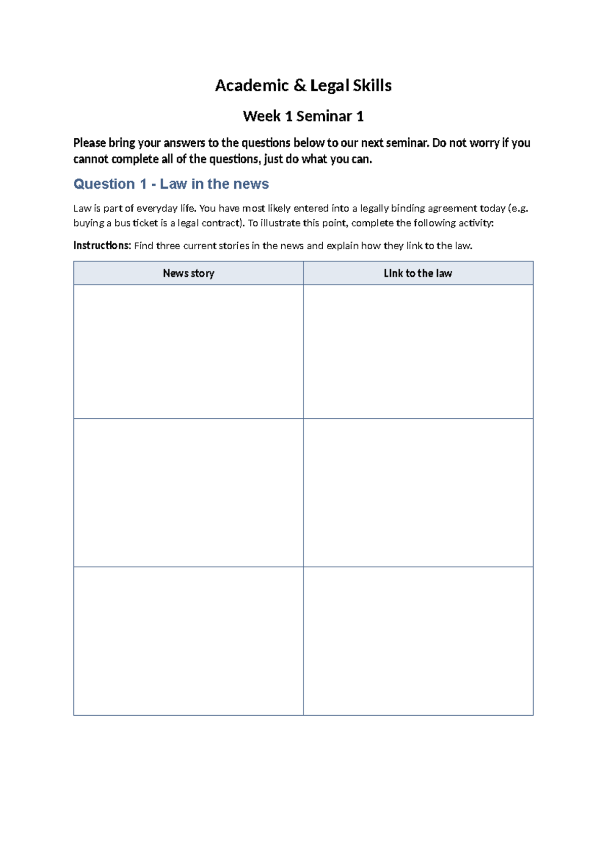 ALS 101 Week 1 Seminar 1 Homework: Legal Skills & Case Study - Studocu