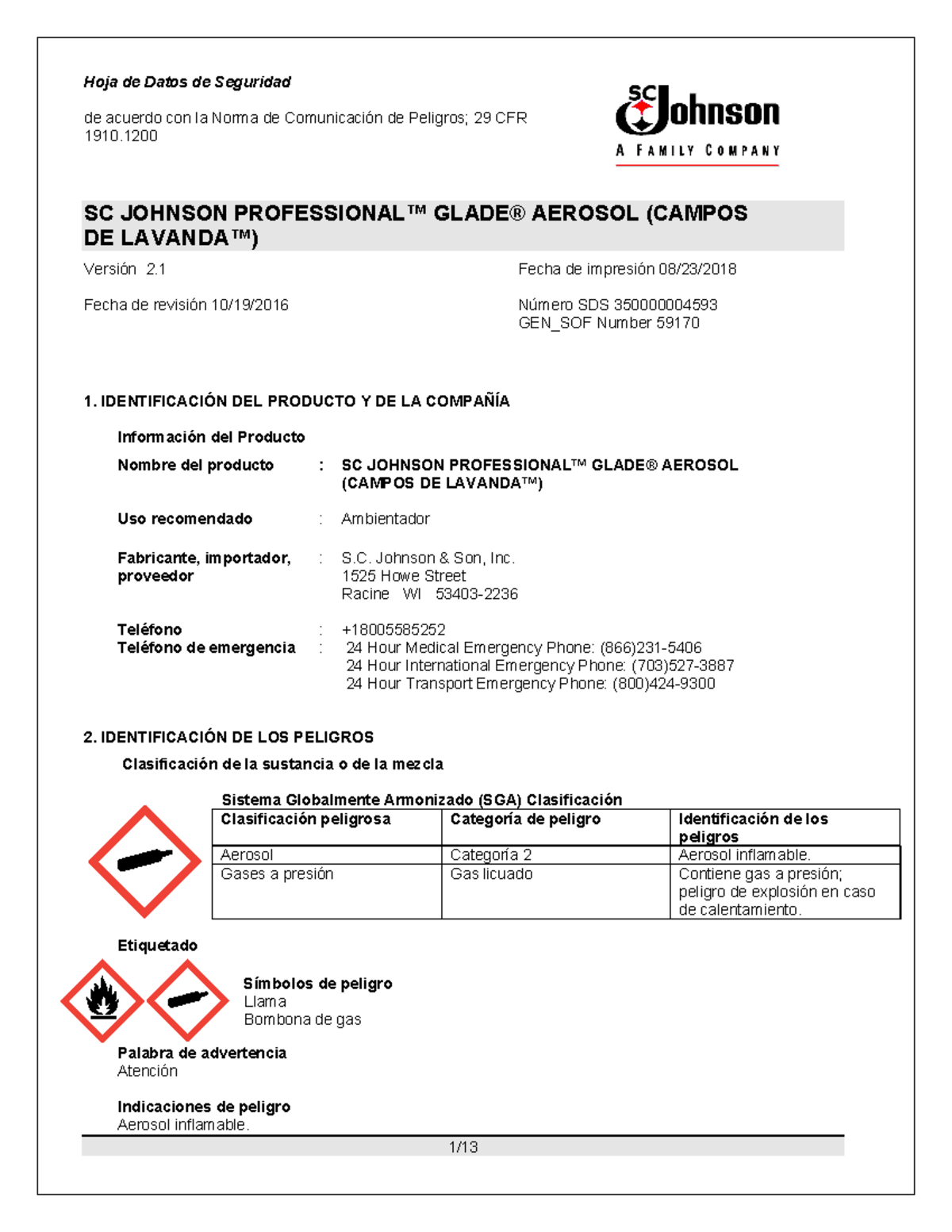 SDS de SC JOHNSON GLADE® AEROSOL Campos de Lavanda - Versión 2.1 - Studocu
