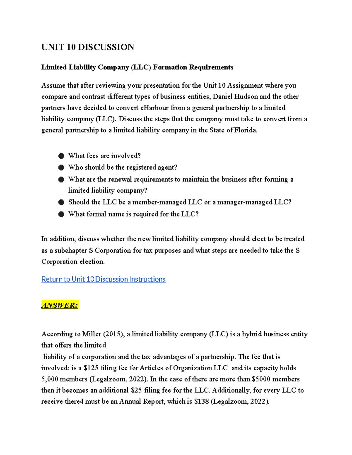 LS311 Unit 10: Discussion on Converting to an LLC in Florida - Studocu