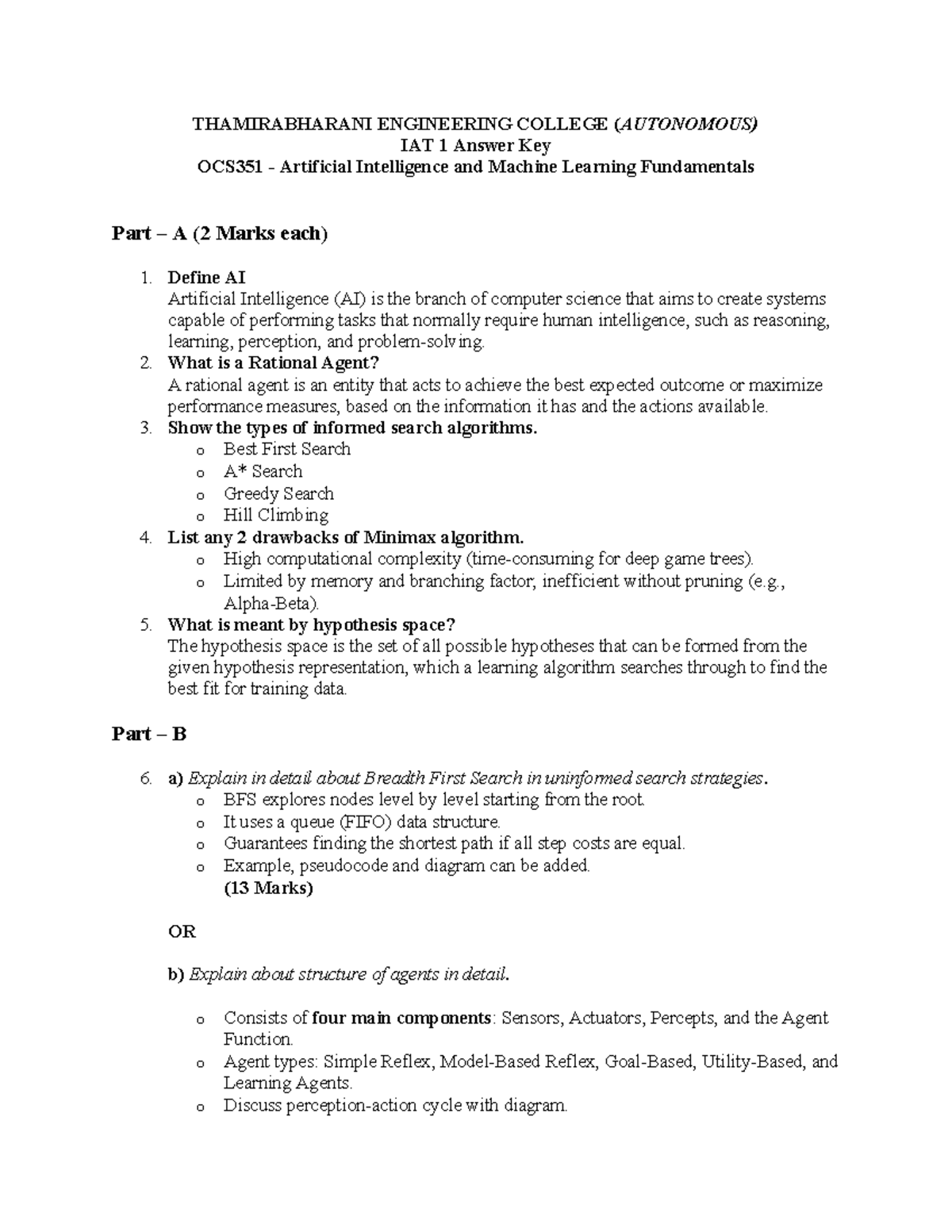IAT 1 Answer Key: OCS351 AI & ML Fundamentals - Studocu