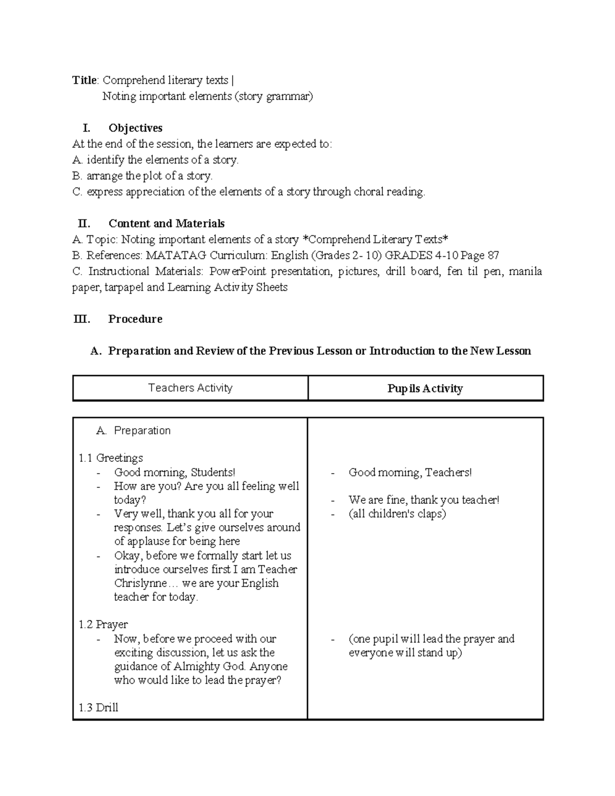 Title: English 10 Lesson Plan: Noting Story Elements and Grammar - Studocu