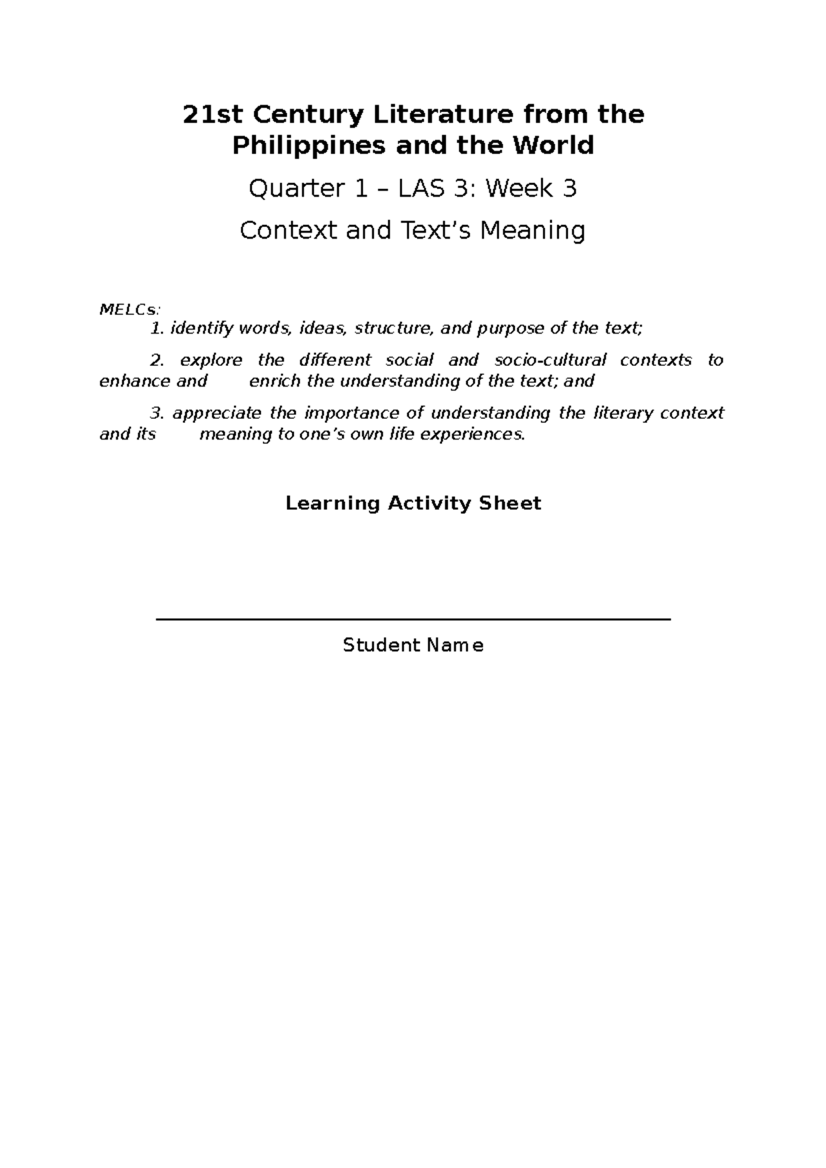 21st Century Literature LAS 3 Week 3: Context and Text Meaning - Studocu