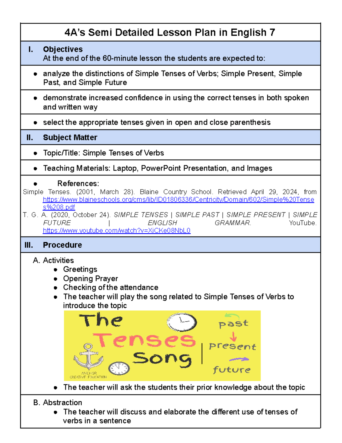 SEMI Detailed Lesson Plan: Simple Tenses of Verbs - English 7 - Studocu