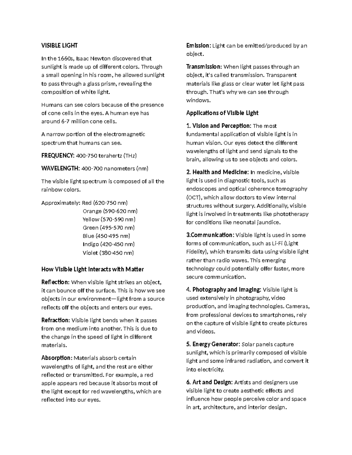 visible-light-roygbiv - VISIBLE LIGHT In the 1660s, Isaac Newton ...