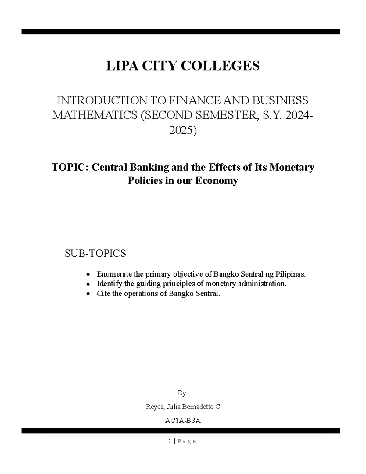 Central Banking and Monetary Policy: Insights for RO4FIND & Busma - Studocu
