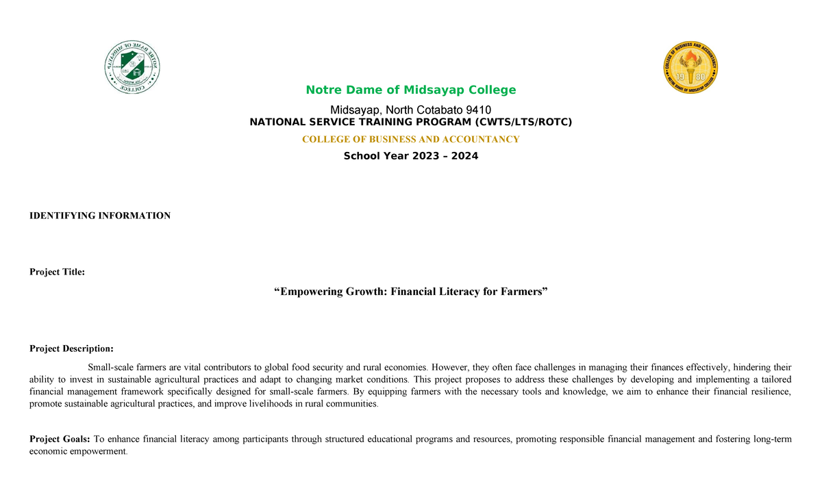 NSTP 2023-2024: Growth Project - Financial Literacy for Farmers - Studocu