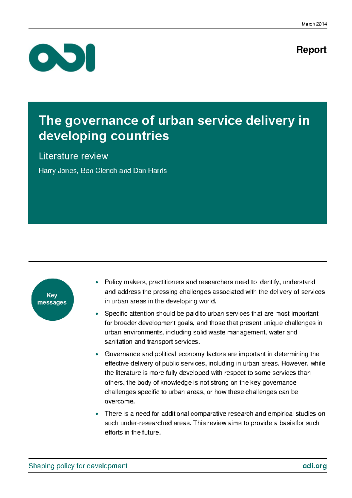 Governance of Urban Service Delivery in Developing Countries: Insights ...