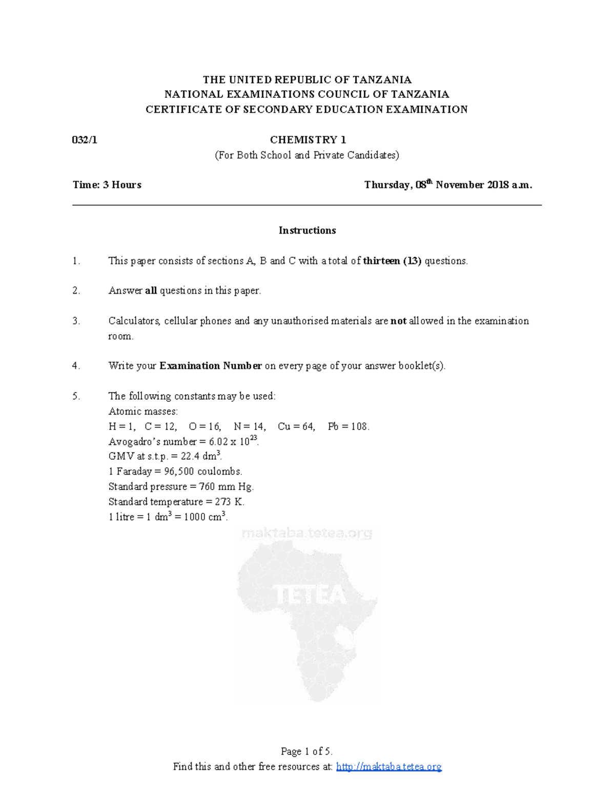 Chemistry 1 - F4 - 2018 Certificate Exam Questions and Answers - Studocu