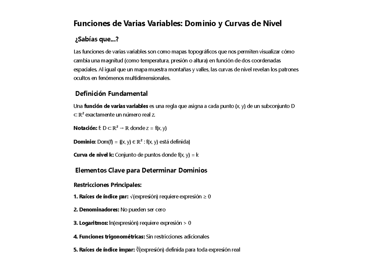 1.1 Funciones de Varias Variables: Dominio y Curvas de Nivel - Studocu