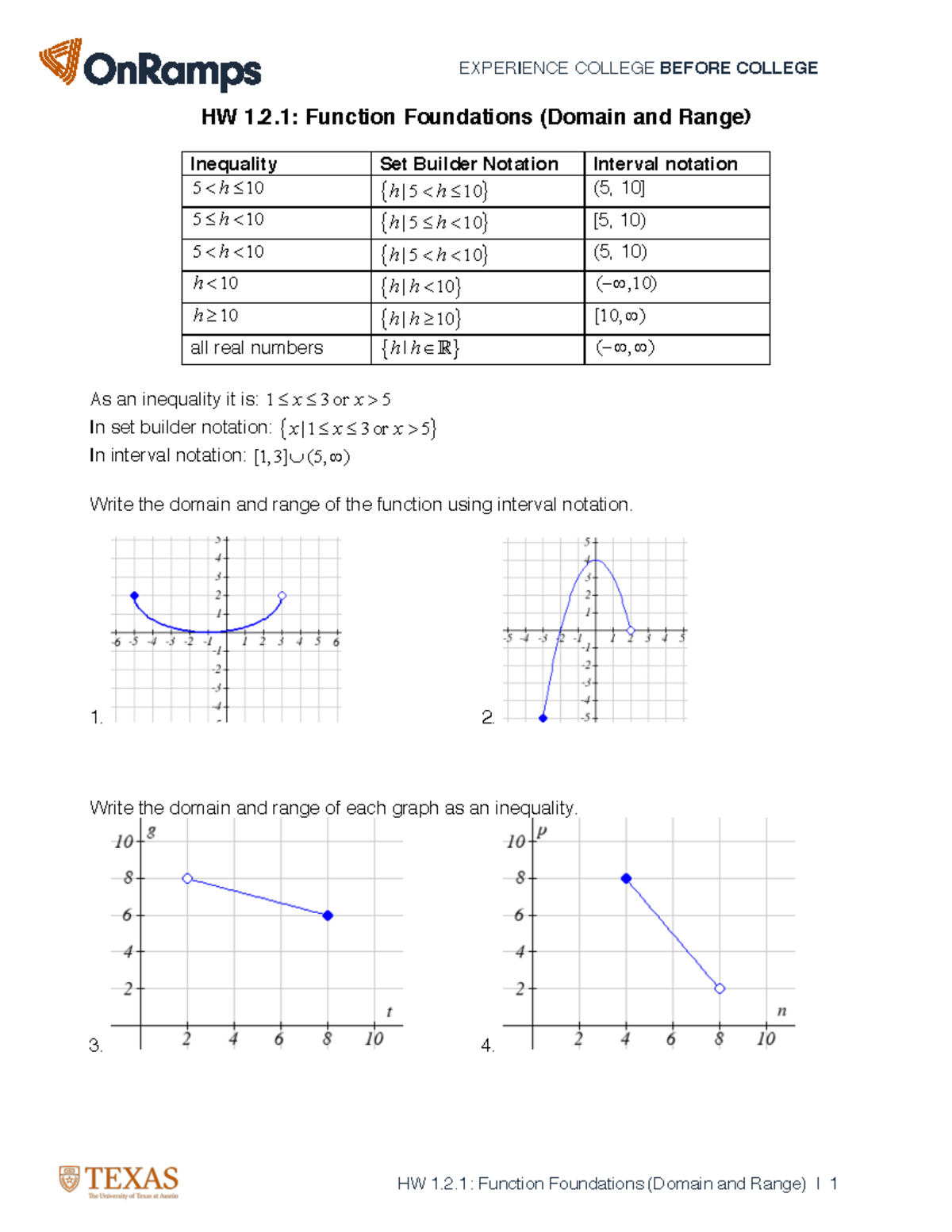 HW 1.2.1: Exploring Function Domains and Ranges with Notation - Studocu