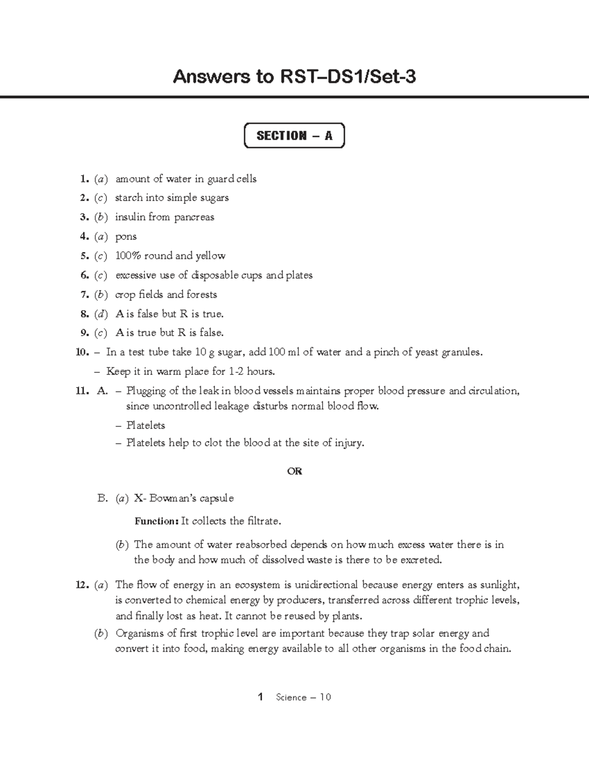 Science 10 Set-3 DS1 Answer Key for Section A - Studocu