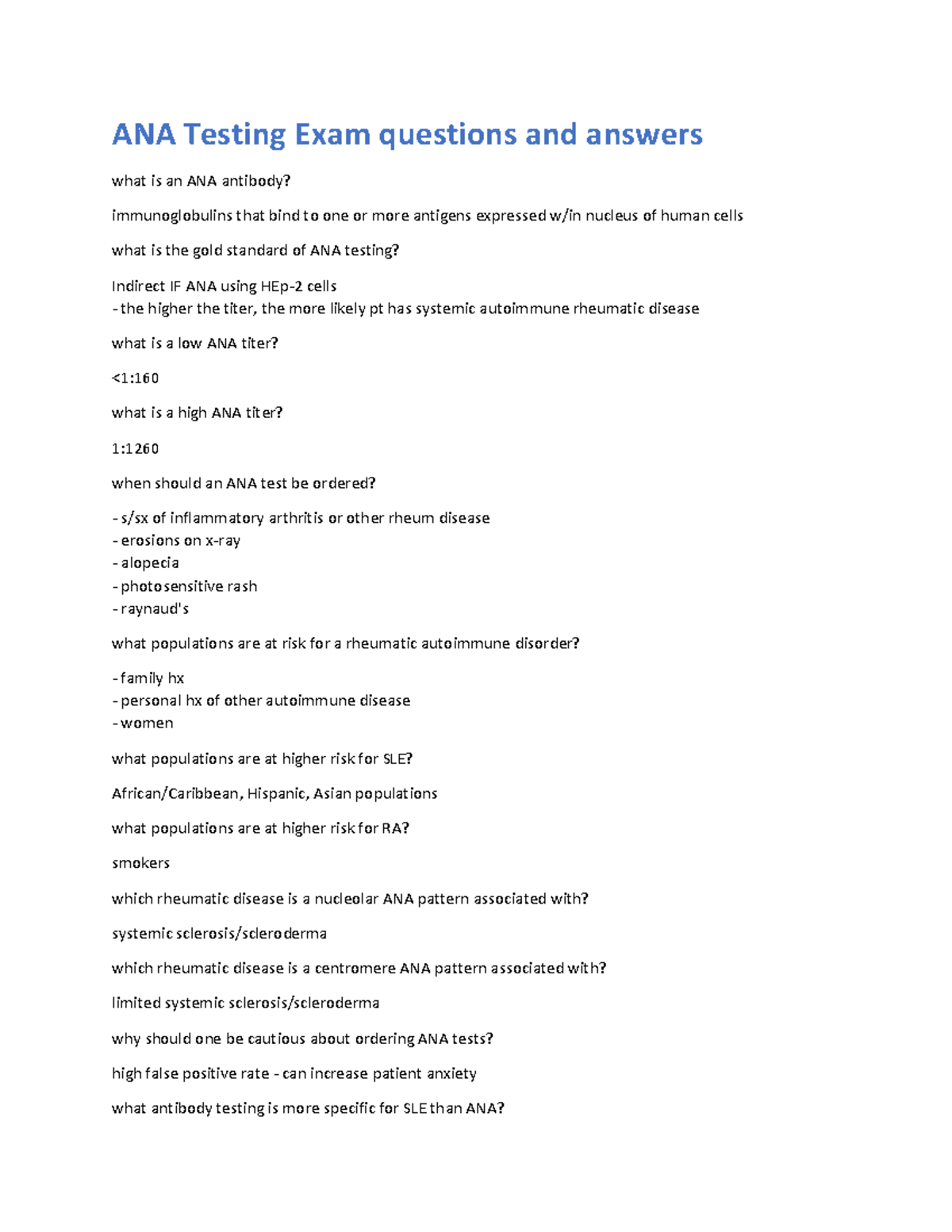 ANA (14) - Final Exam Questions & Answers on ANA Testing - Studocu