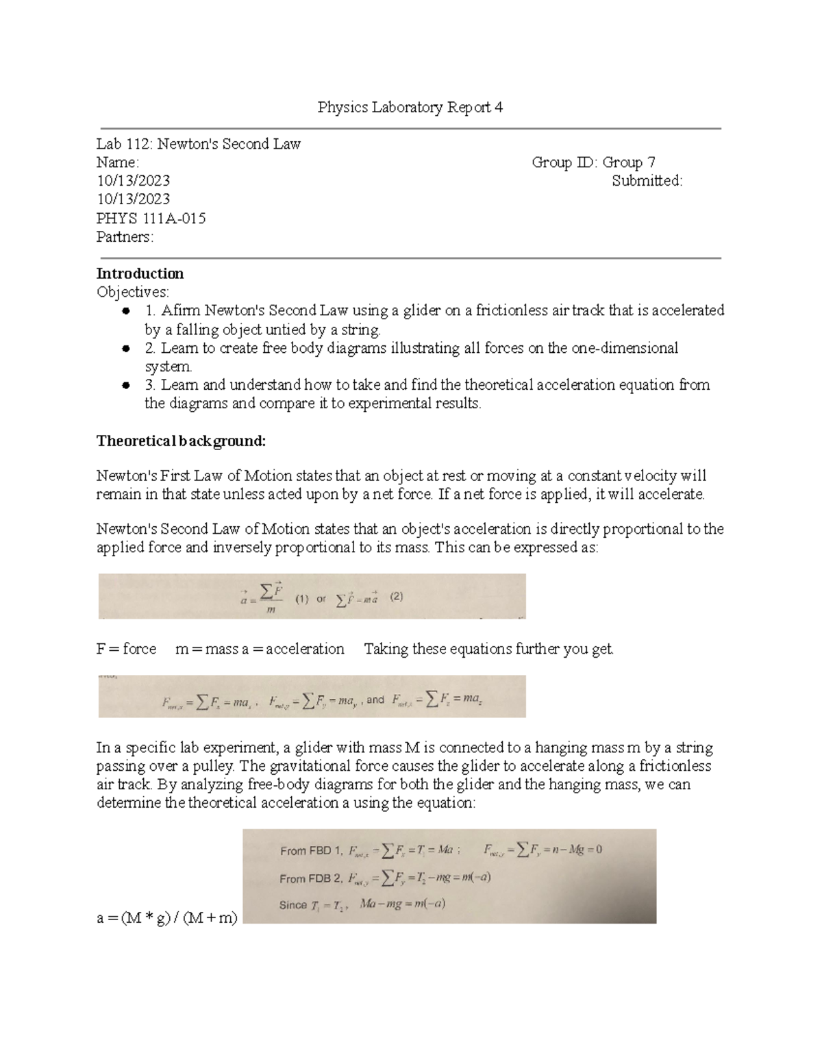 Lab 112: Experimental Analysis of Newton's Second Law in PHYS 111A ...