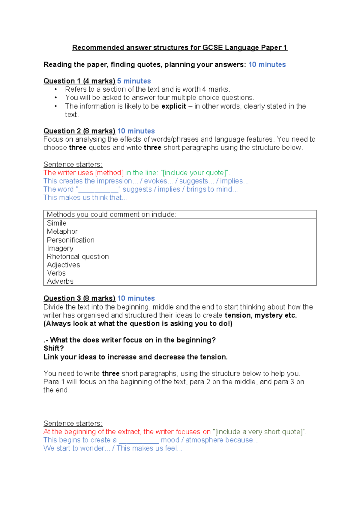 GCSE Language Paper 1: Recommended Answer Structures - Studocu