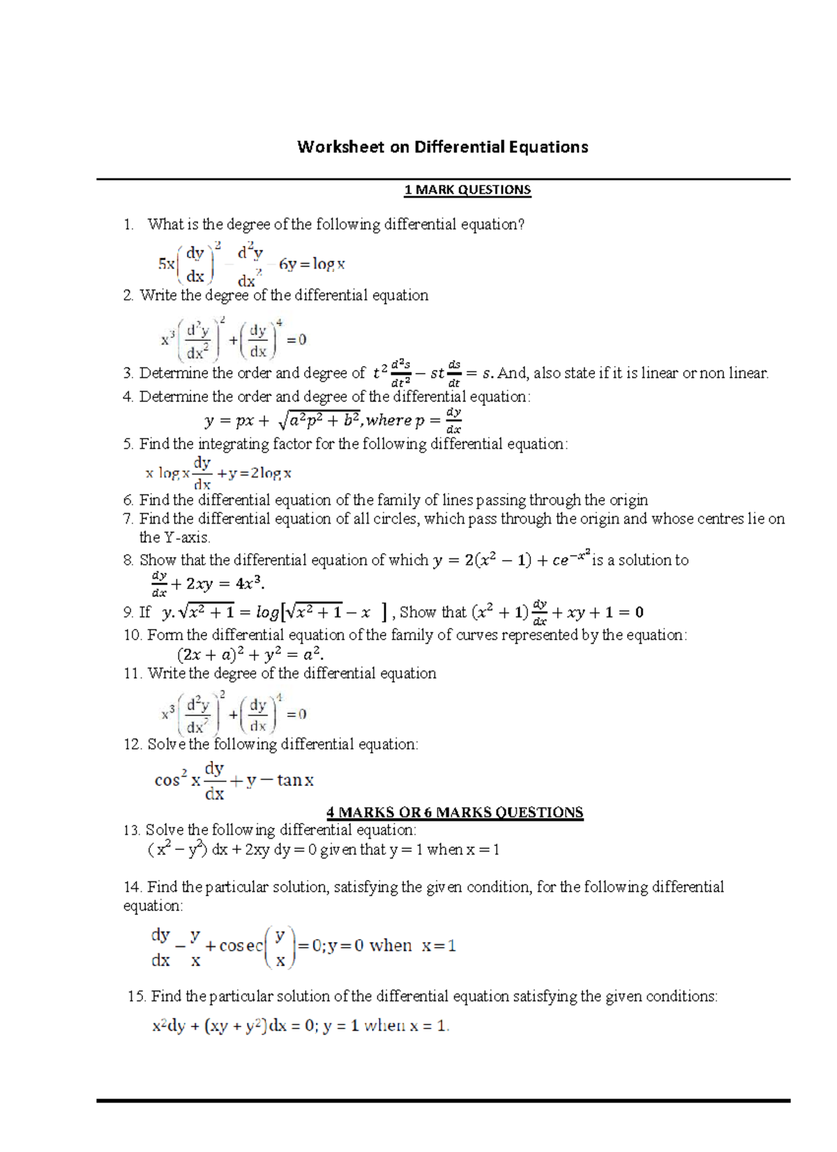 CBSE Class 12 Maths Differential Equations Worksheet - Studocu