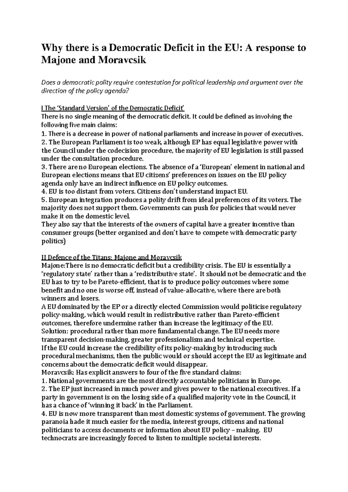 Summary of Democratic Deficit in the EU: Majone and Moravcsik Responses ...