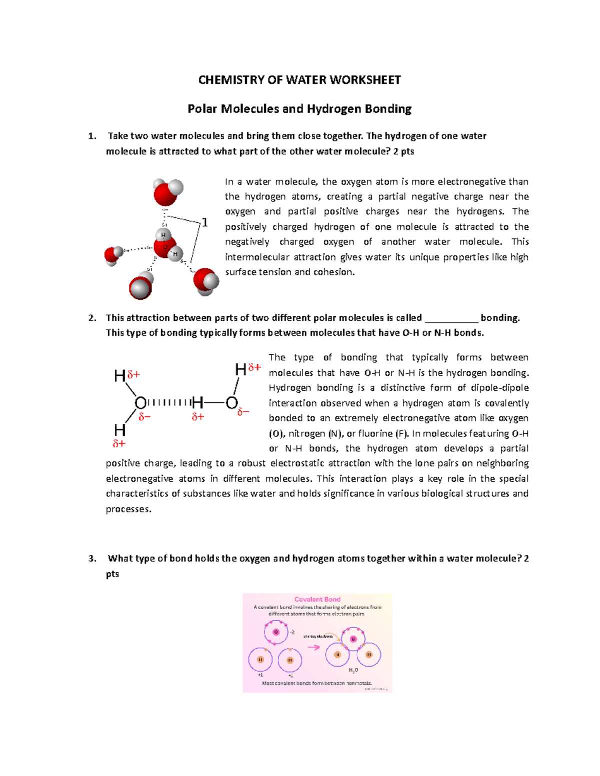 Chemistry OF Water Worksheet - CHEMISTRY OF WATER WORKSHEET Polar ...