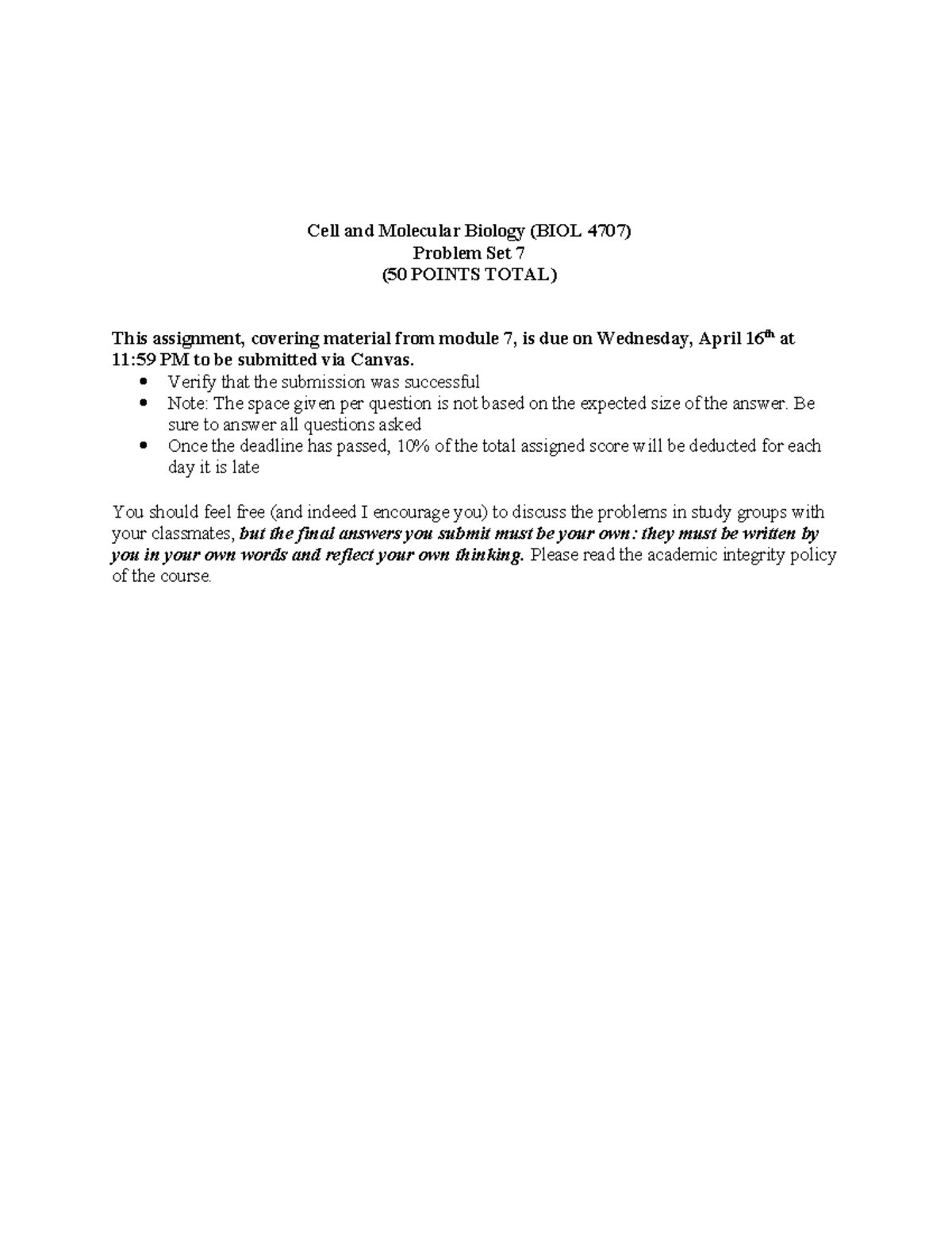 Cell and Molecular Biology (BIOL 4707) Problem Set 7 Solutions - Studocu