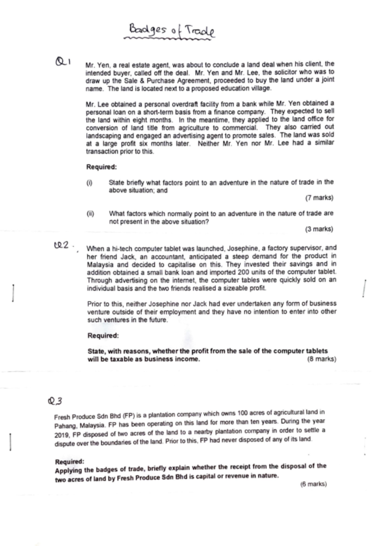 Badges of Trade Case Study - Analysis and Questions - Studocu