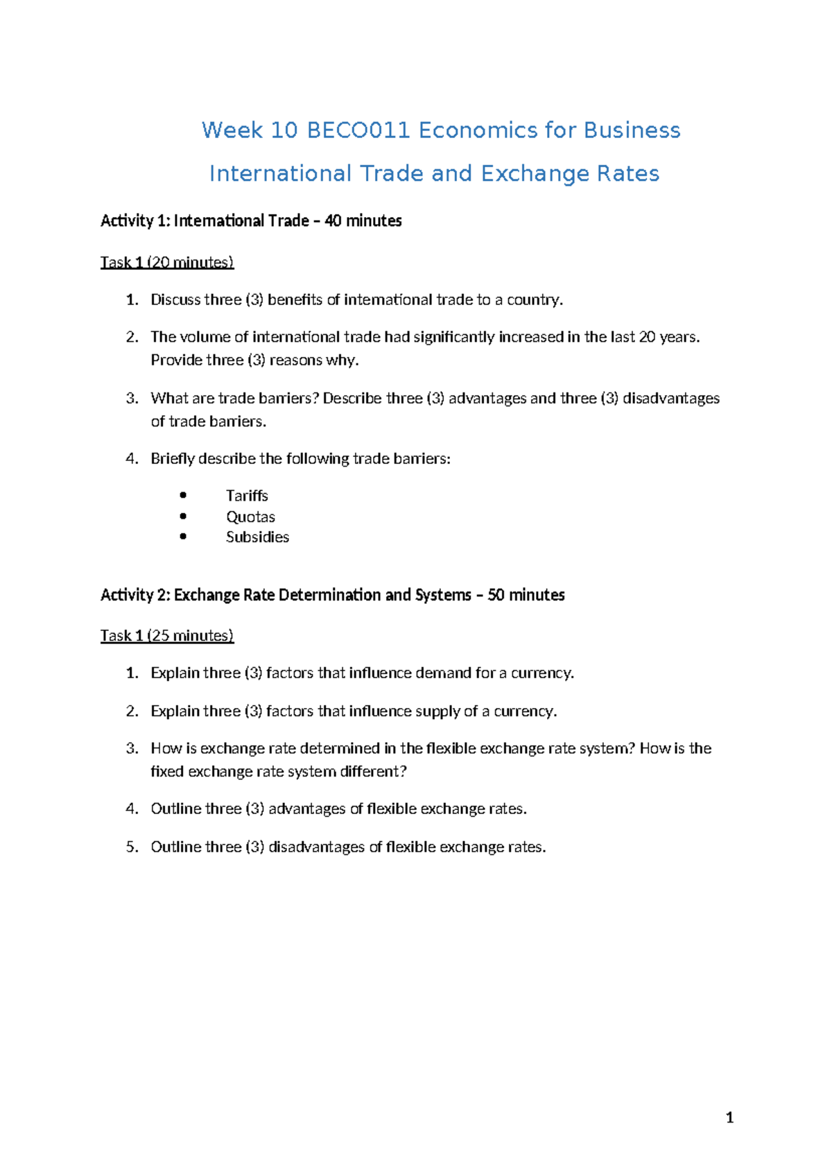 BECO011 2024 Week 10 Worksheet: Intl Trade & Exchange Rates Activities ...