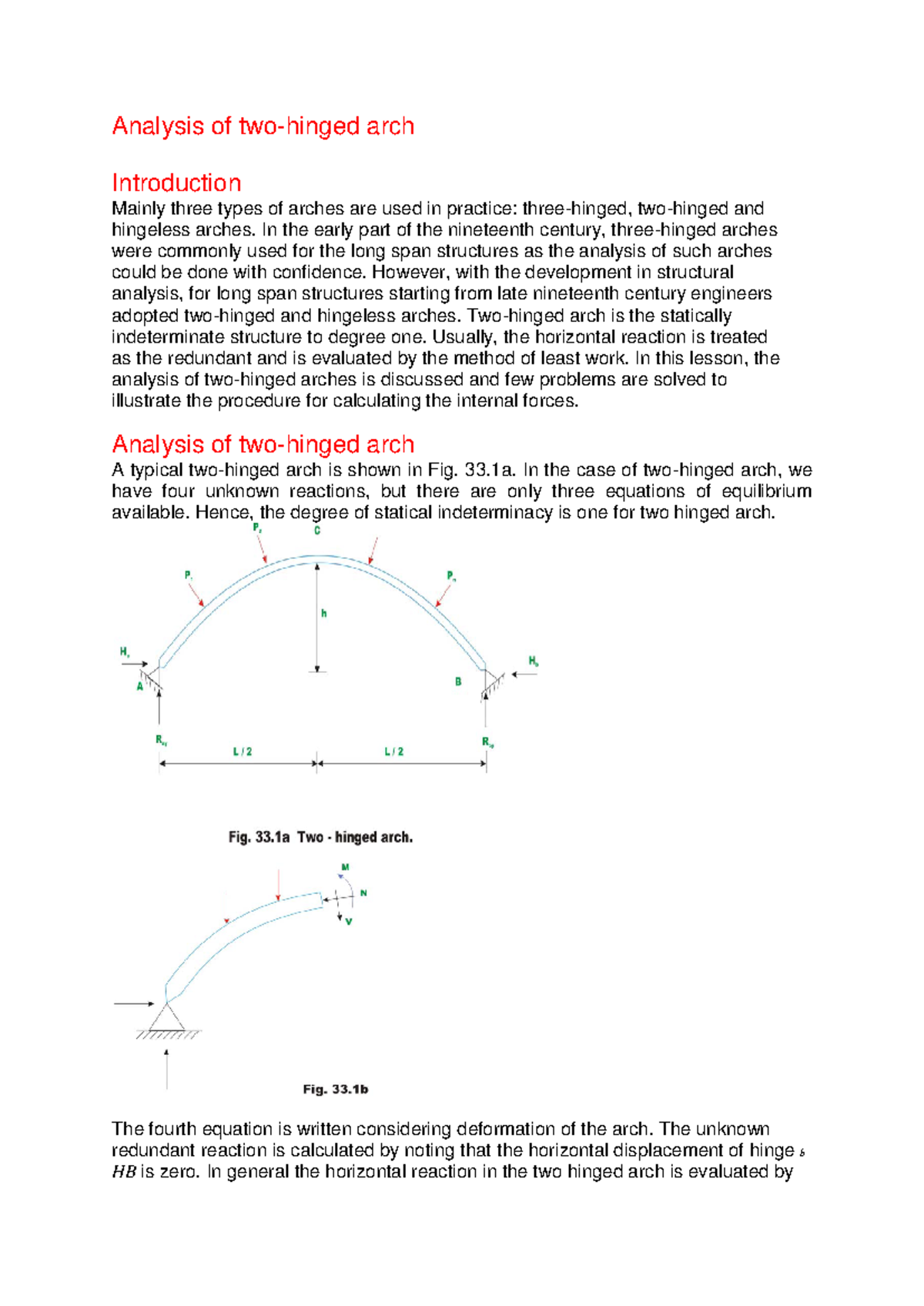 Unit-4 CE-402 Analysis of Two-Hinged Arch and Its Applications - Studocu