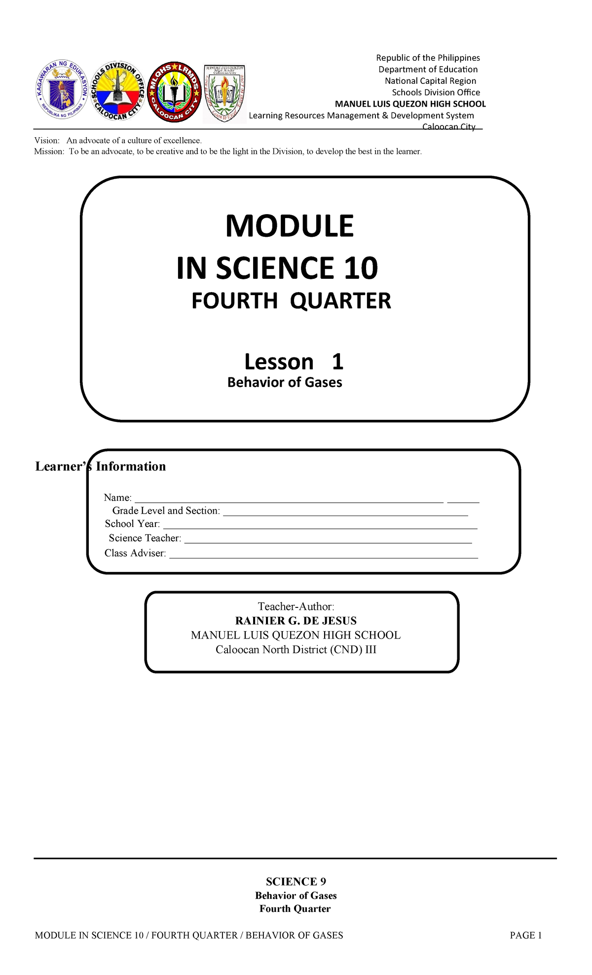 Science 10 Module: Behavior of Gases - Fourth Quarter Overview - Studocu